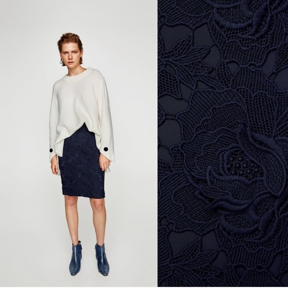 Zara | Skirts | Nwt Zara Navy Blue Floral Lace Layer Lined Pencil Skirt ...